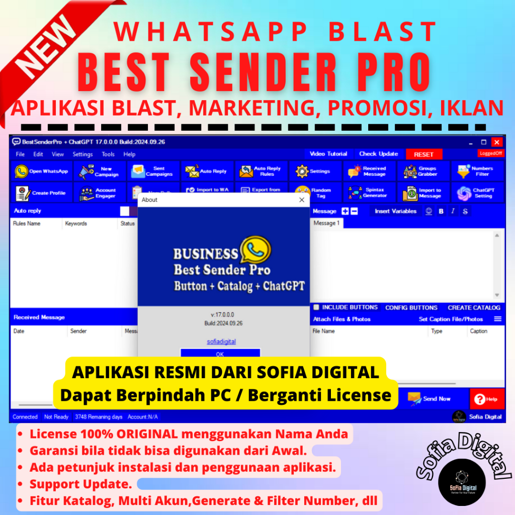 Jual Best Sender Pro + ChatGPT (ORIGINAL & BERGARANSI) BOTMASTER SENDER, PROMOSI, IKLAN, BLAST ...