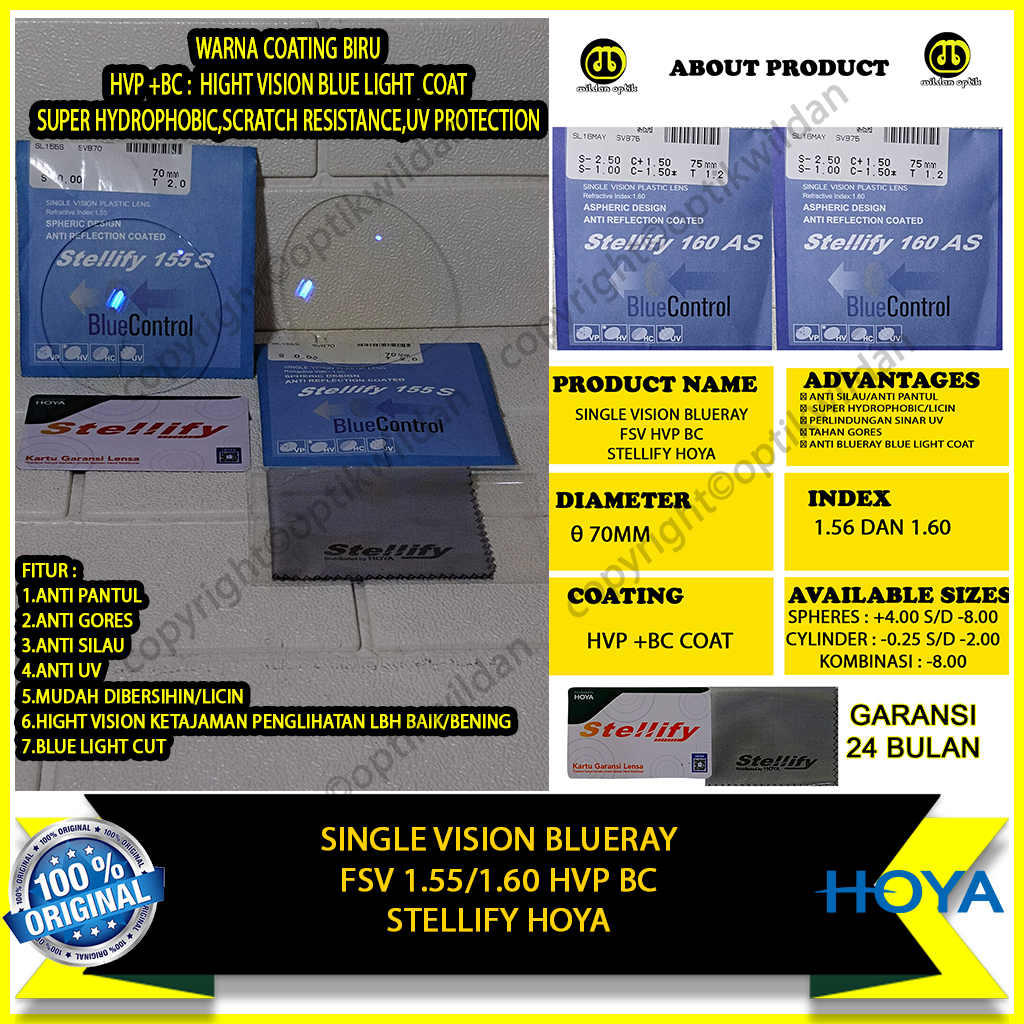 Jual HOYA LENSA STELLIFY HOYA BLUERAY FSV 1.55 & 1.60 CLEAR HVP+BC ...