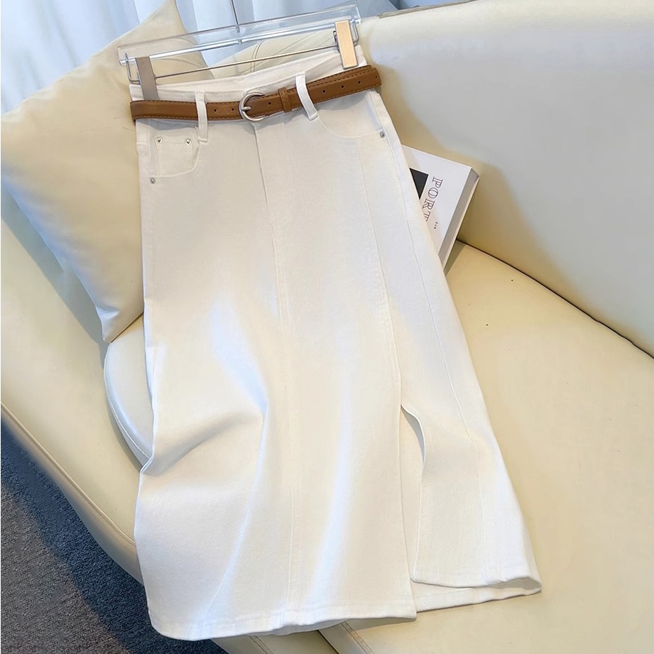 Jual A-Line Rok Jeans Wanita Highwaist Rok Denim Depan Split Rok Jeans ...