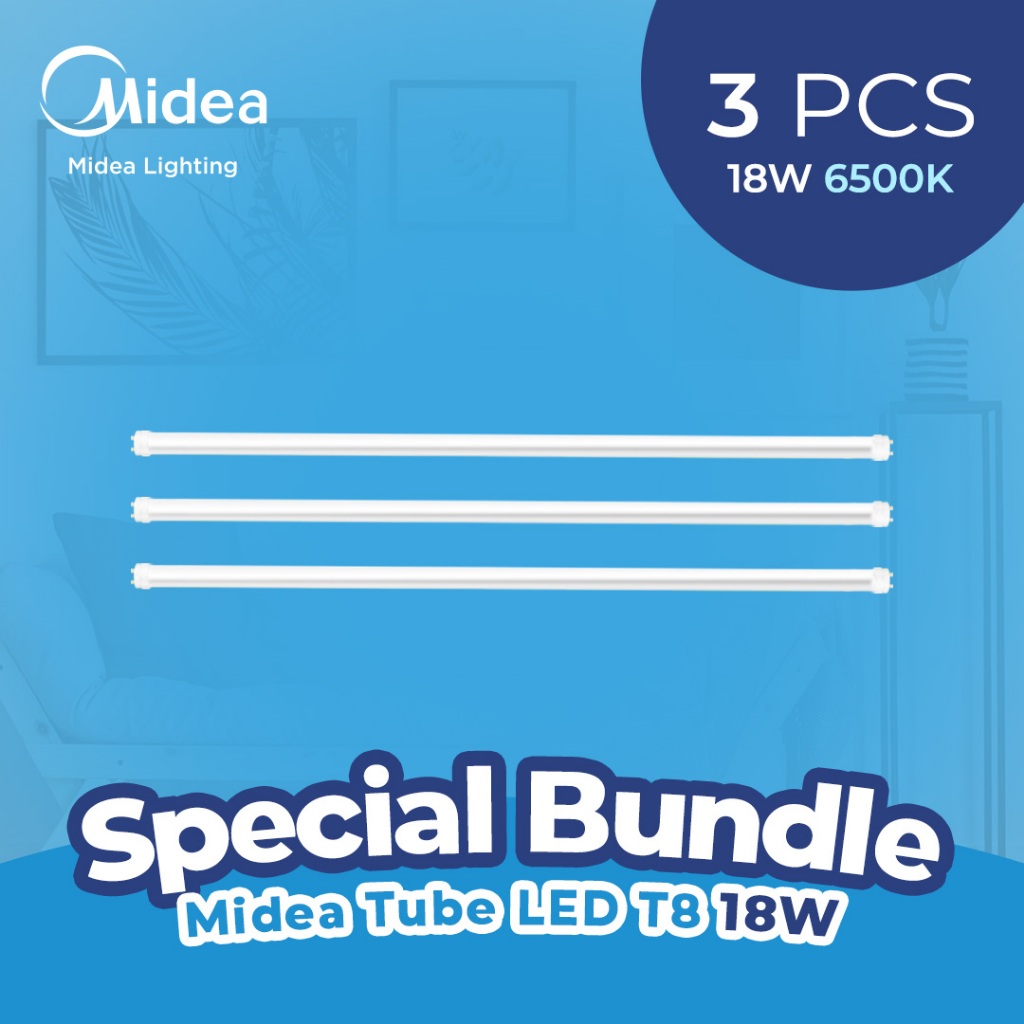 Jual [Bundle] Midea Lampu Neon LED T8 18W 6500K - Putih - Glass - isi 3 ...
