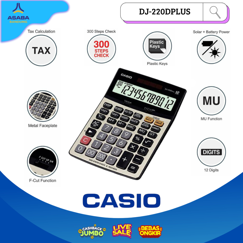 Jual Asaba Bandung - Casio Calculator DJ-220DPLUS - Kalkulator Toko Dagang Fungsi Cek 12 digit ...