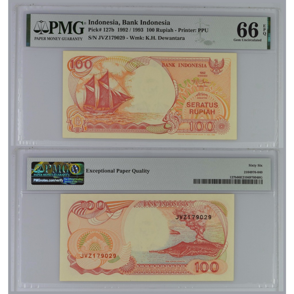 Jual Uang kuno PMG 66 EPQ - 100 rupiah tahun 1992 Perahu Pinisi | Shopee Indonesia