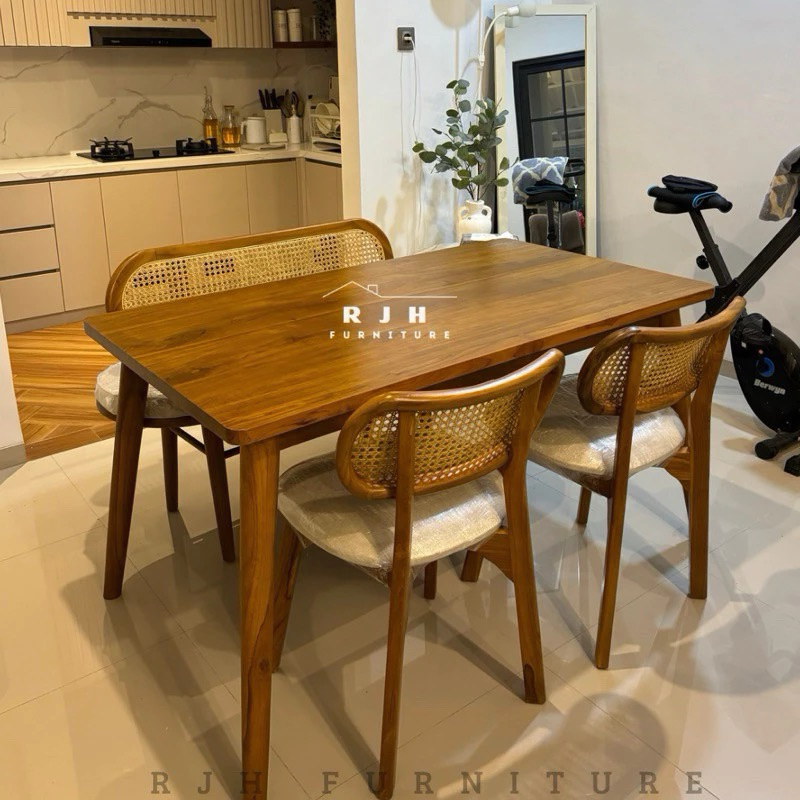 Jual REALPICT SET MEJA MAKAN ROTAN, KURSI ROTAN KAYU JATI, DINING SET TOP TABLE 3CM, MEJA MAKAN ...
