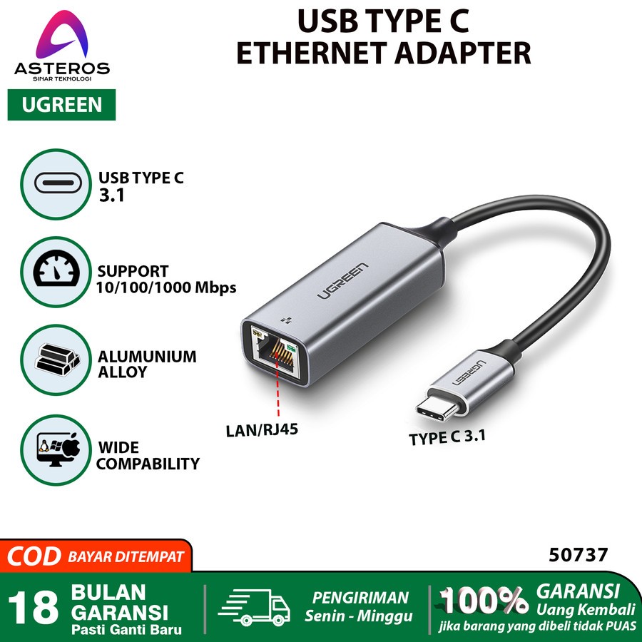 Jual Ugreen 50737 Usb C to Lan RJ45 Adapter Ethernet Gigabit 1000mbps ...