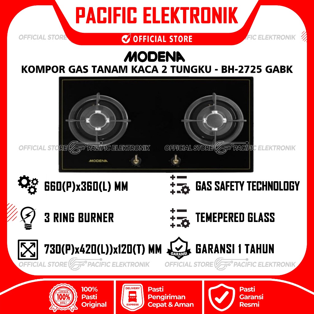 Jual Kompor Gas Tanam Modena Kaca 2 Tungku BH-2725-GABK / 2725GABK ...