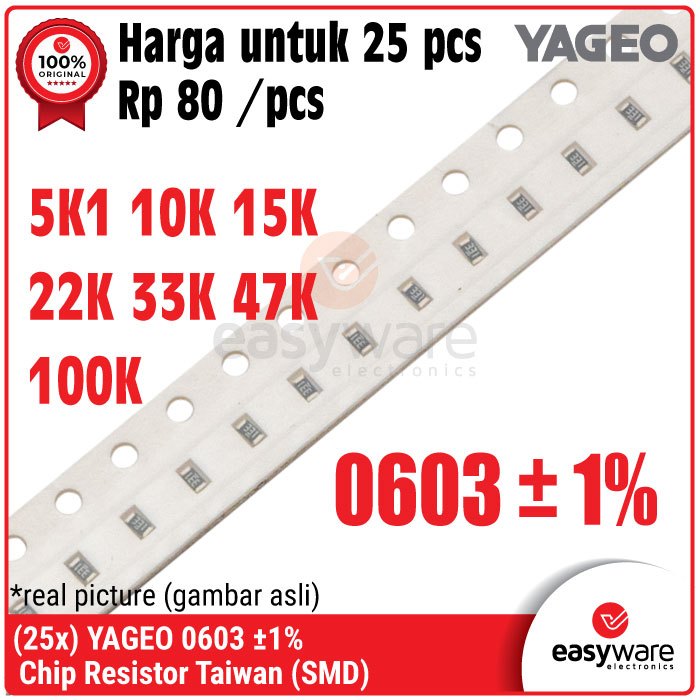 Jual 25pcs YAGEO Resistor Taiwan YAGEO 0603 SMD SMT 1% 5K1 10K 15K 22K 33K 47K 100K 100K Ohm 5 ...