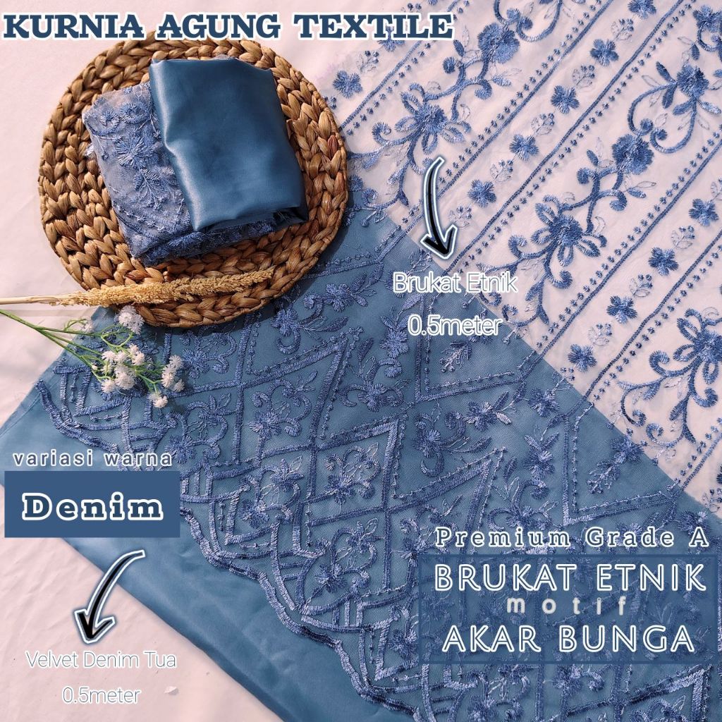 Jual Kain Brokat Tile Bordir warna BLUE DENIM motif Etnik Sumba Akar ...