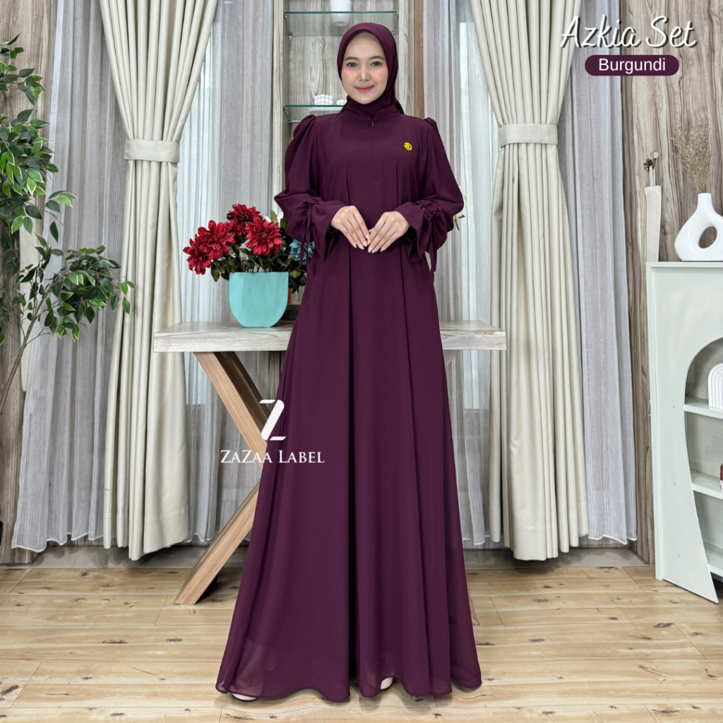 Jual Zazaa Label - Azkia Set Gamis Hijab Motif Polos Bahan ceruti ...