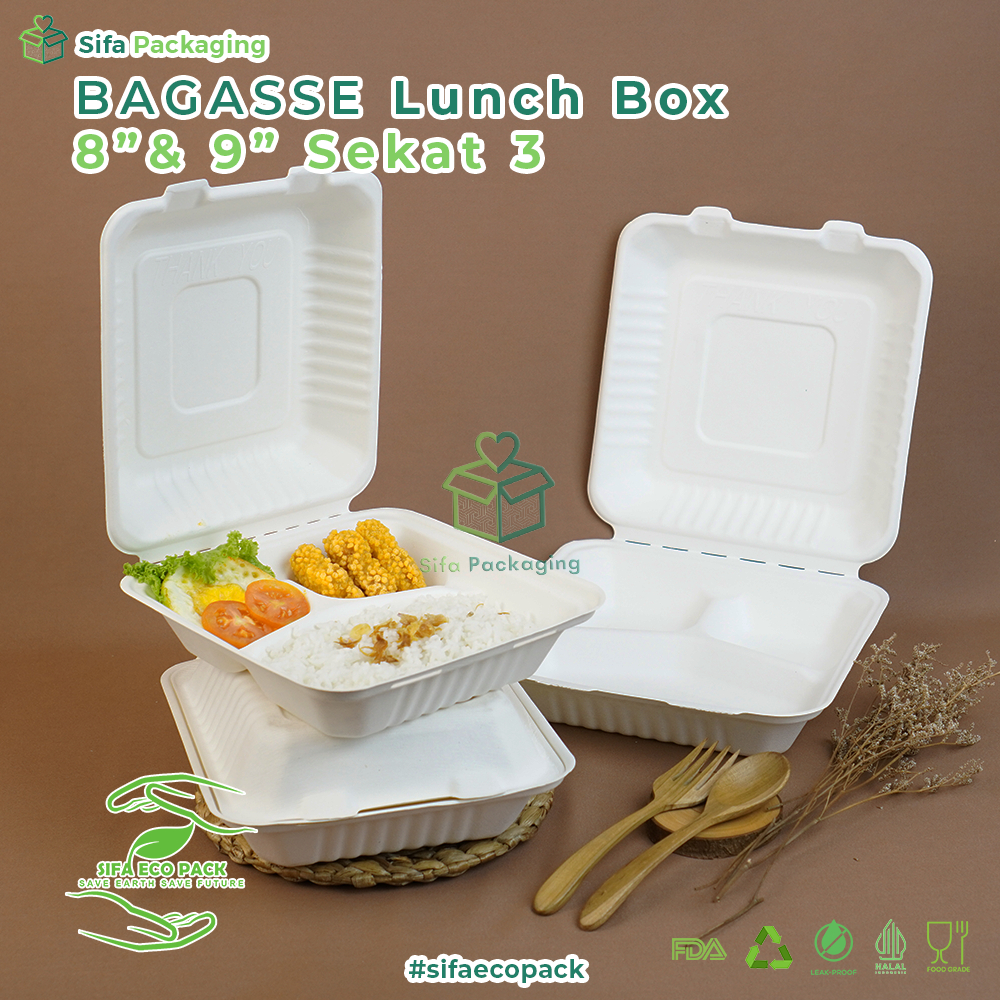 Jual Bagasse Lunch Box Sekat 3 Kotak Bekal Bento Wadah Makan Takeway Kemasan Ramah Lingkungan ...