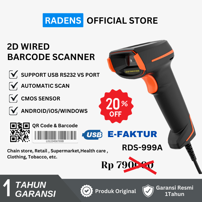 Jual 2D BARCODE SCANNER E-FAKTUR RADENS RDS-999A USB AUTO SCAN (QR Code-Efaktur) | Shopee Indonesia