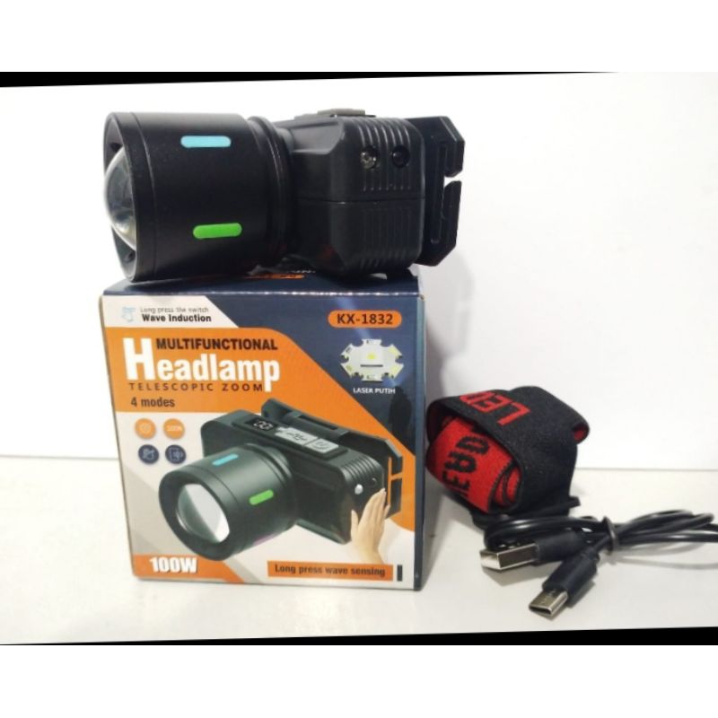 Jual Senter Kepala Zoom Cas LED Laser Sensor Gerak 100 Wat Cahaya Putih ...