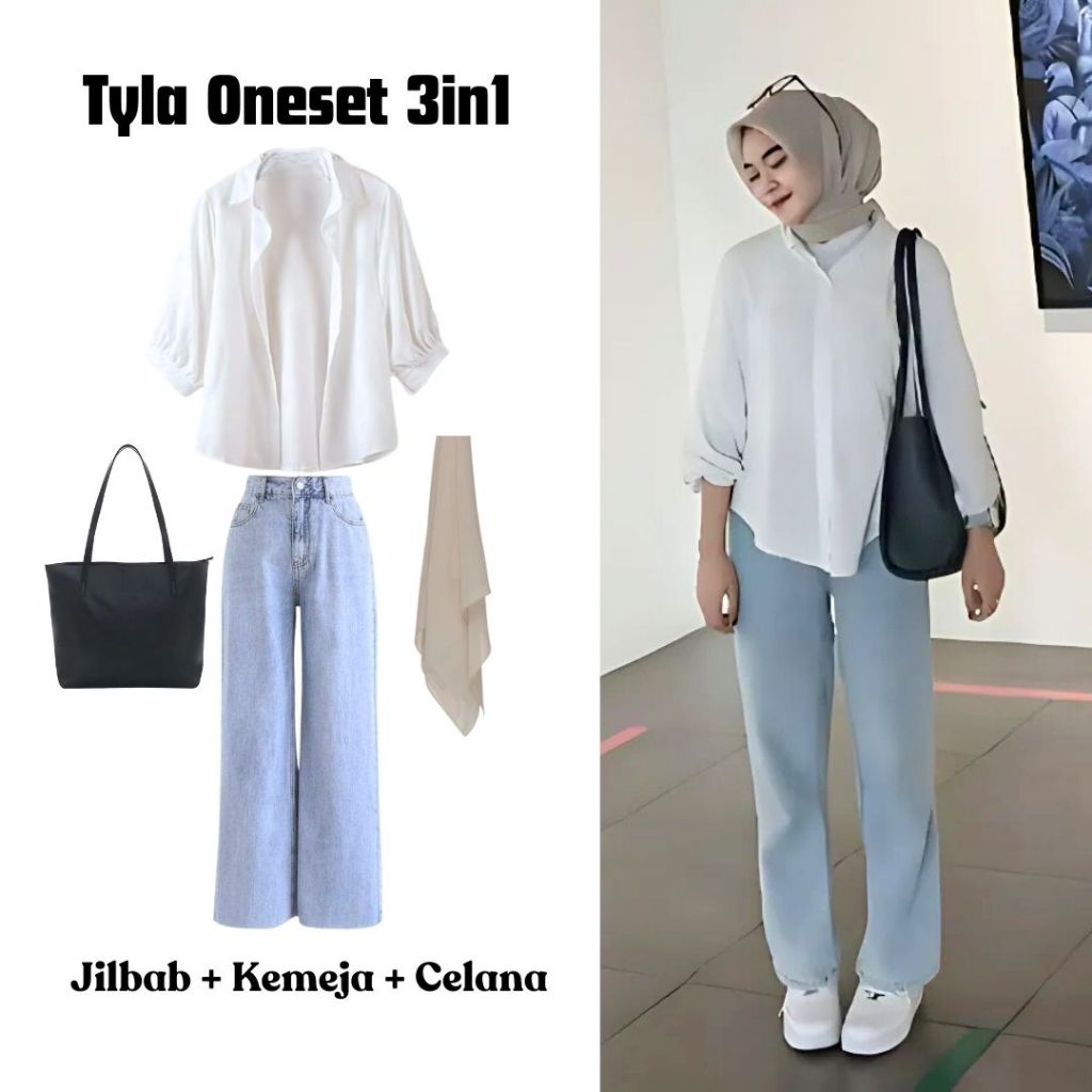 Jual PREMIUM !! One set 3in1 kemeja polos putih celana jeans highwaist denim pants jilbab bella ...