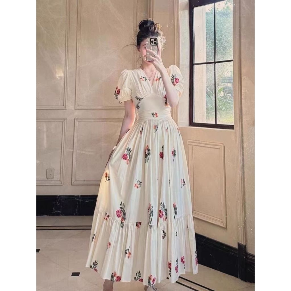 Jual Gaun Bunga Lembut Perancis V-Neck Bubble Sleeve Maxi Dress Wanita ...