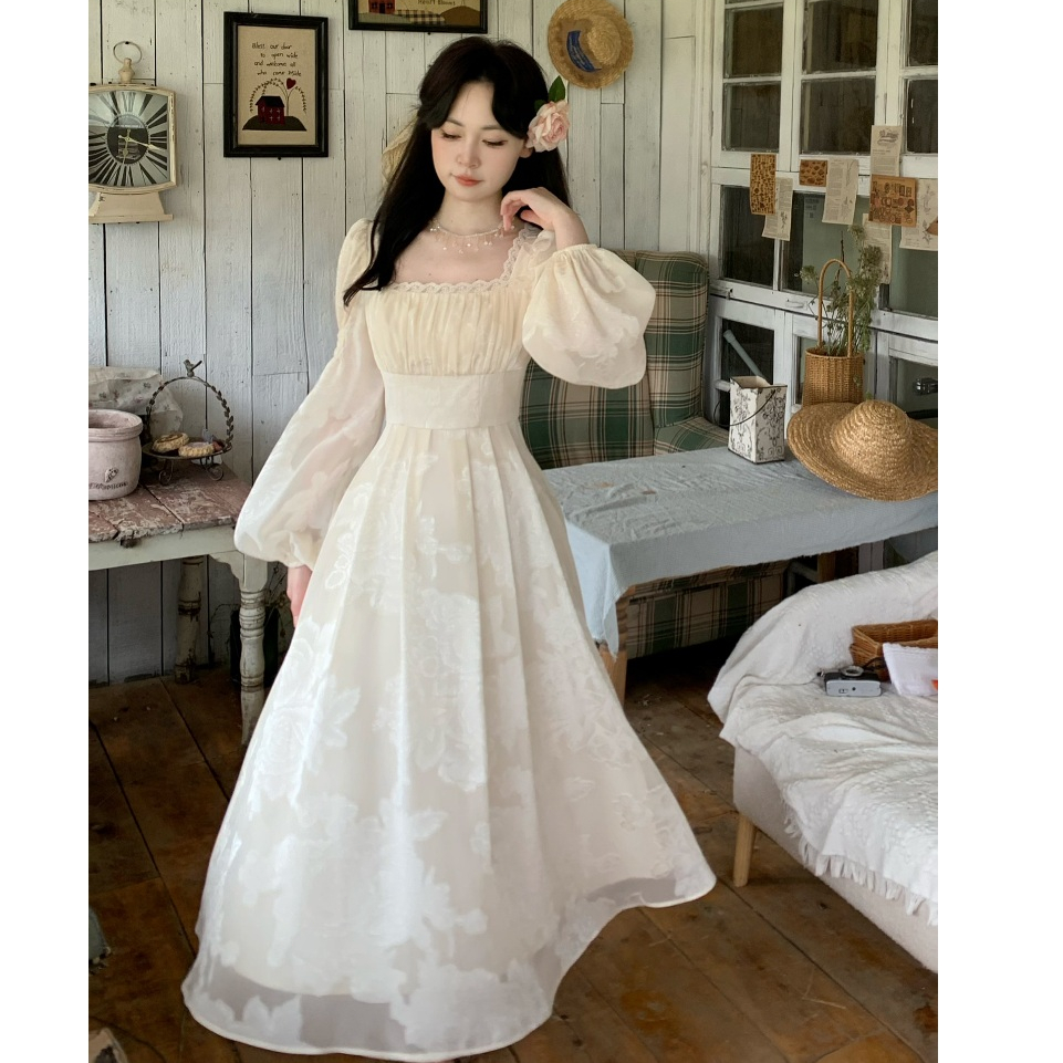 Jual French Square Neck Dicetak Pinggang Chiffon Dress Lengan Panjang ...