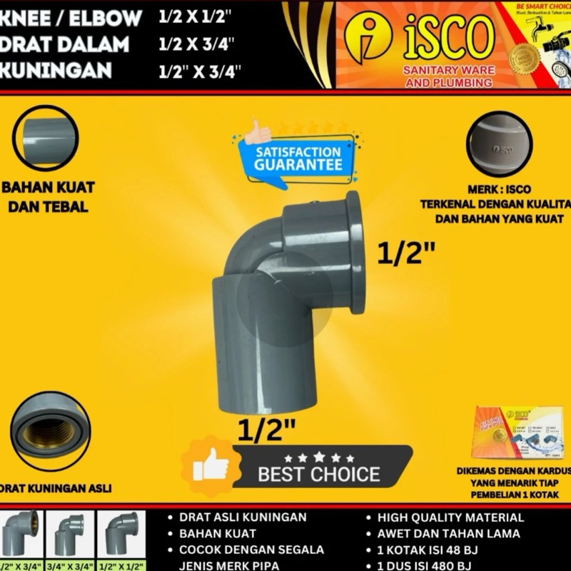 Jual elbow drat dalam dan soket sok drat dalam pvc kuningan isco 1/2x1 ...