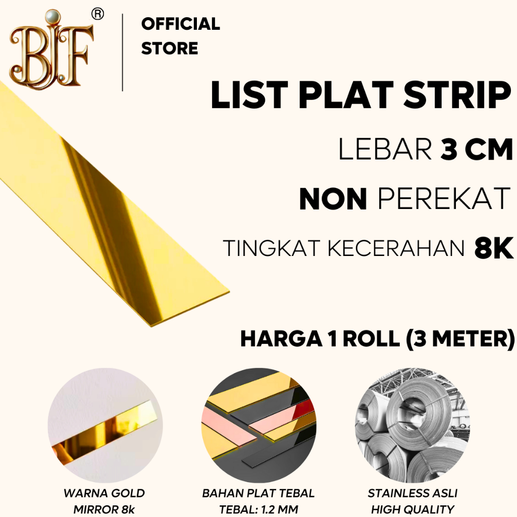 Jual List Plat Gold Mirror 8K Stainless 3 CM | Shopee Indonesia