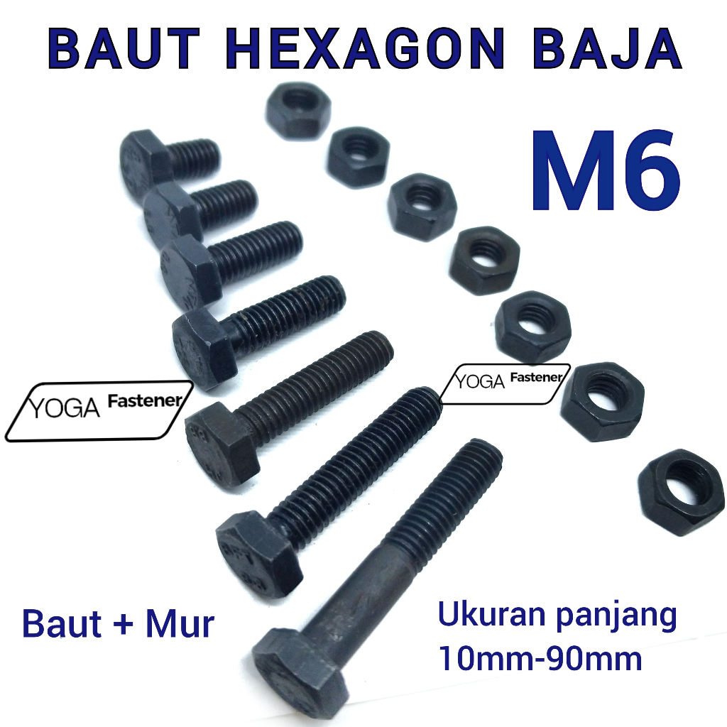 Jual Baut Mur Hexagon Baja M6 ukuran 10mm sampai 90mm hitam kunci 10 | Shopee Indonesia