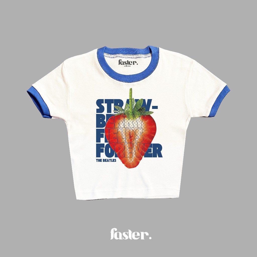 Jual crop top ringer blue white strawberry field forever the beatles ...