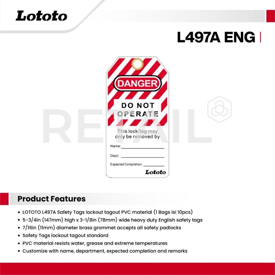 Jual LOTOTO Safety Loto Lockout Tagout Tags Isi 1 Pcs - L497A ENG ...
