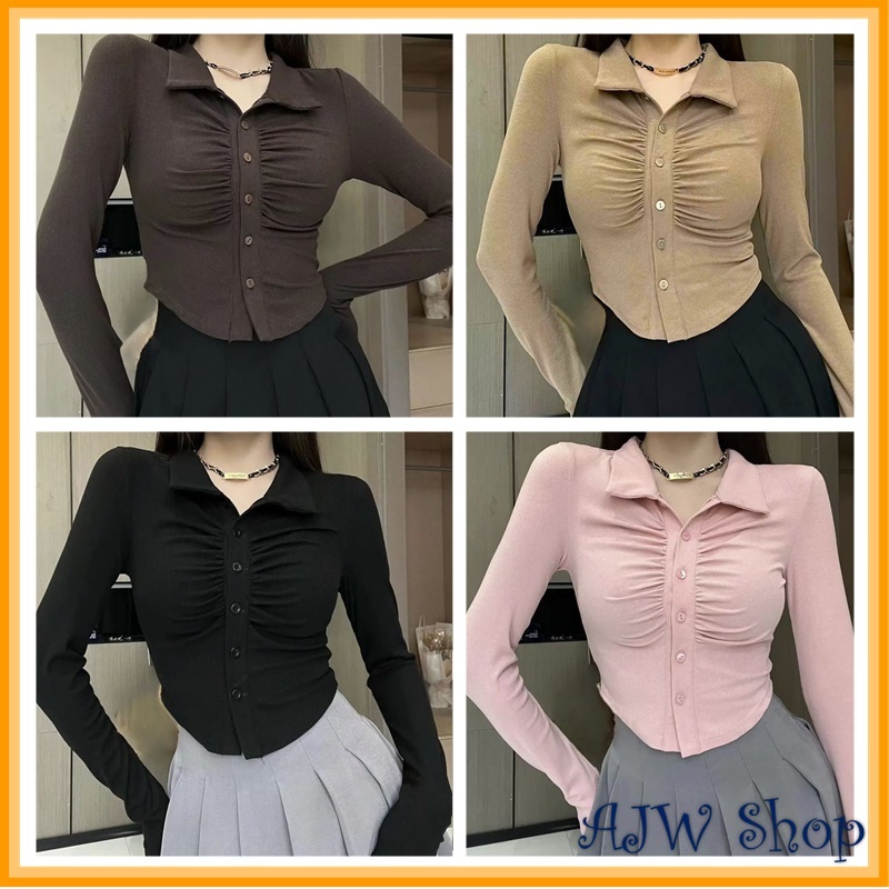 Jual AJW Atasan Wanita Knit Crop Top Serut Lengan Panjang XCW | Kemeja Crop Serut Rajut Lengan ...