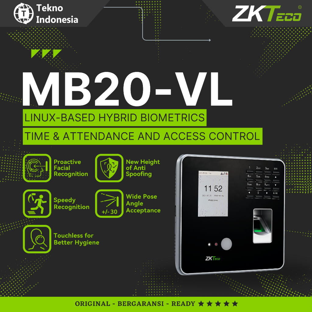 Jual ZKTECO MB20-VL Mesin Absensi Sidik Jari Face RFID Time Attendance ...