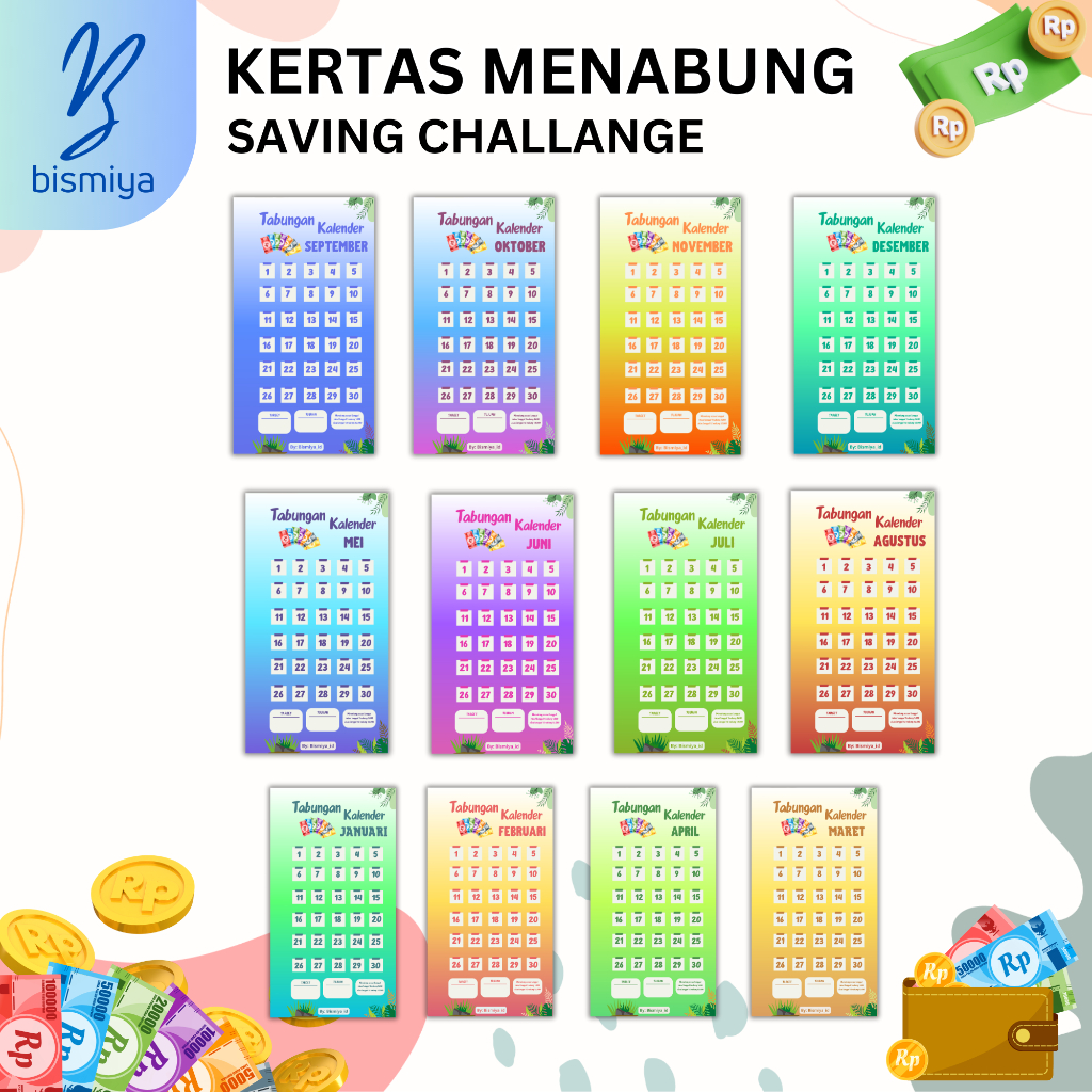Jual kertas binder nabung saving challenge kalender 12 lembar / isi binder a6 tabungan keuangan ...