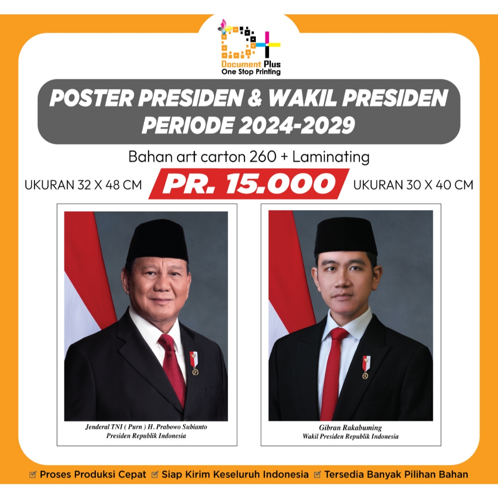 Jual Foto Presiden Dan Wakil Presiden Indonesia 2024 - 2029 Prabowo - Gibran Ukuran A3+ | Shopee ...
