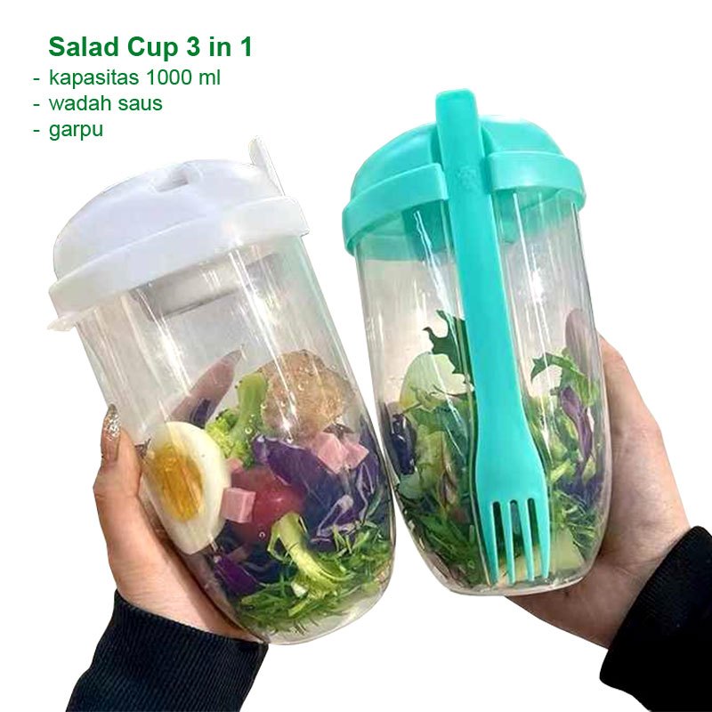Jual Botol Salad Portable Cup Salad Sayur Buah 1000 ml 3 in 1 Dengan Garpu Dan Wadah Saus Salad ...