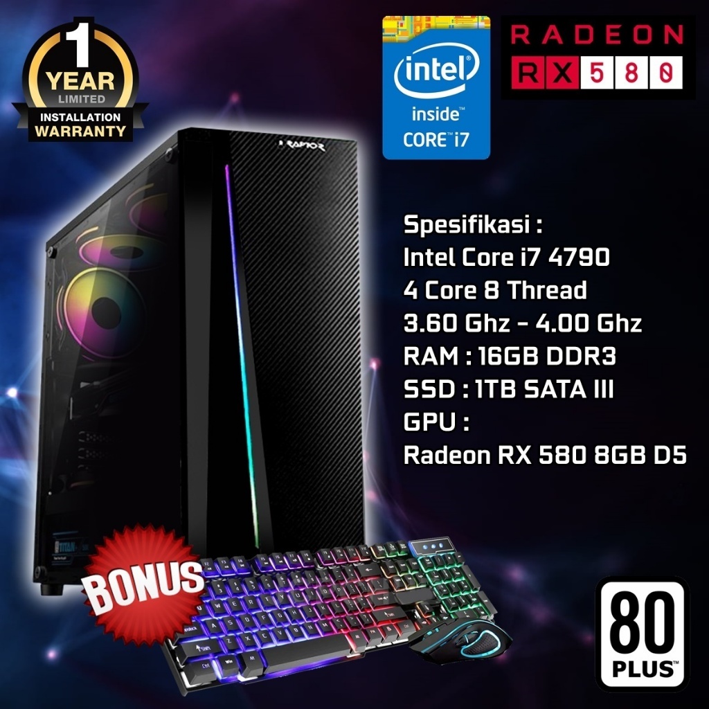 Jual KOMPUTER PC GAMING RAKITAN | intel Core i7 4790 | RX 580 8GB | RAM 16GB | Shopee Indonesia
