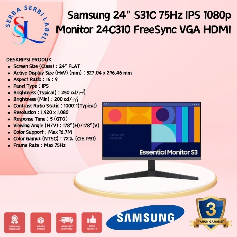 Jual Monitor Samsung S31C 27" inch LS27C310 75Hz FHD IPS Bezelless ...
