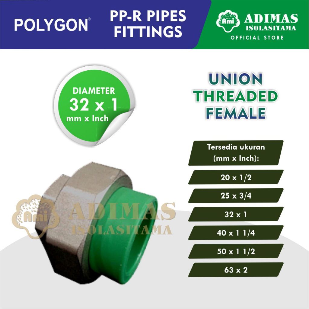 Jual Fitting PPR Polygon Union Threaded Female Diameter 32 mm x 1 Inch Sambungan Pipa Warna ...