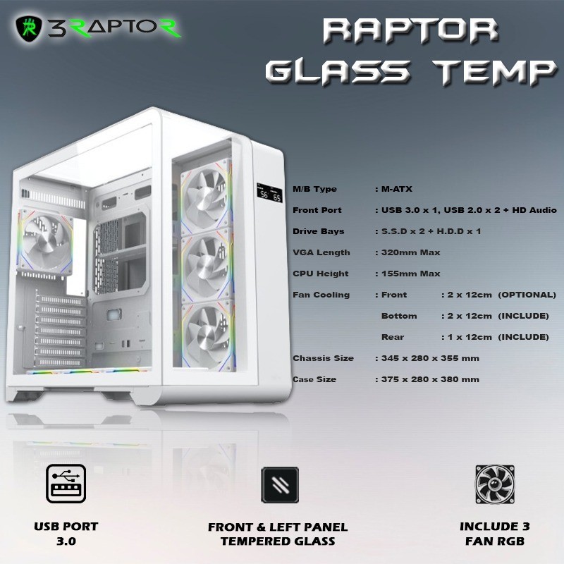 Jual Raptor Temp Casing Komputer Gaming M-ATX Tempered Glass / Casing ...