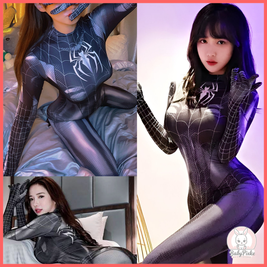 Jual Cosplay Halloween Spiderwoman Bodysuit Wanita Kostum Spiderman Hitam Playsuits Jumpsuit ...