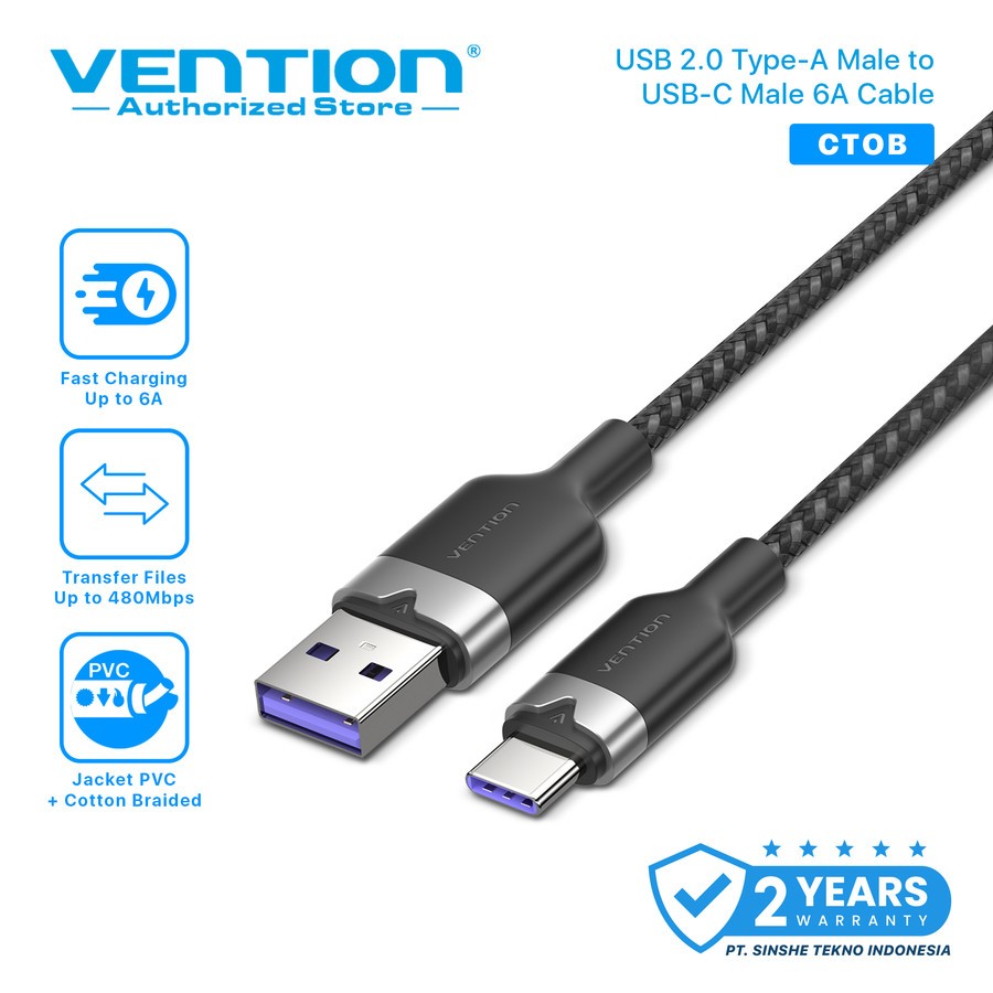 Jual Vention Kabel Data Charger USB A 2.0 to Type C Type-C 3A 6A Fast ...