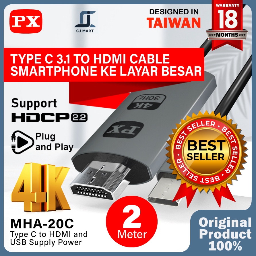 Jual Kabel MHL Converter Adapter USB Type C 31 to HDMI TV 4K 2M PX MHA2C | Shopee Indonesia