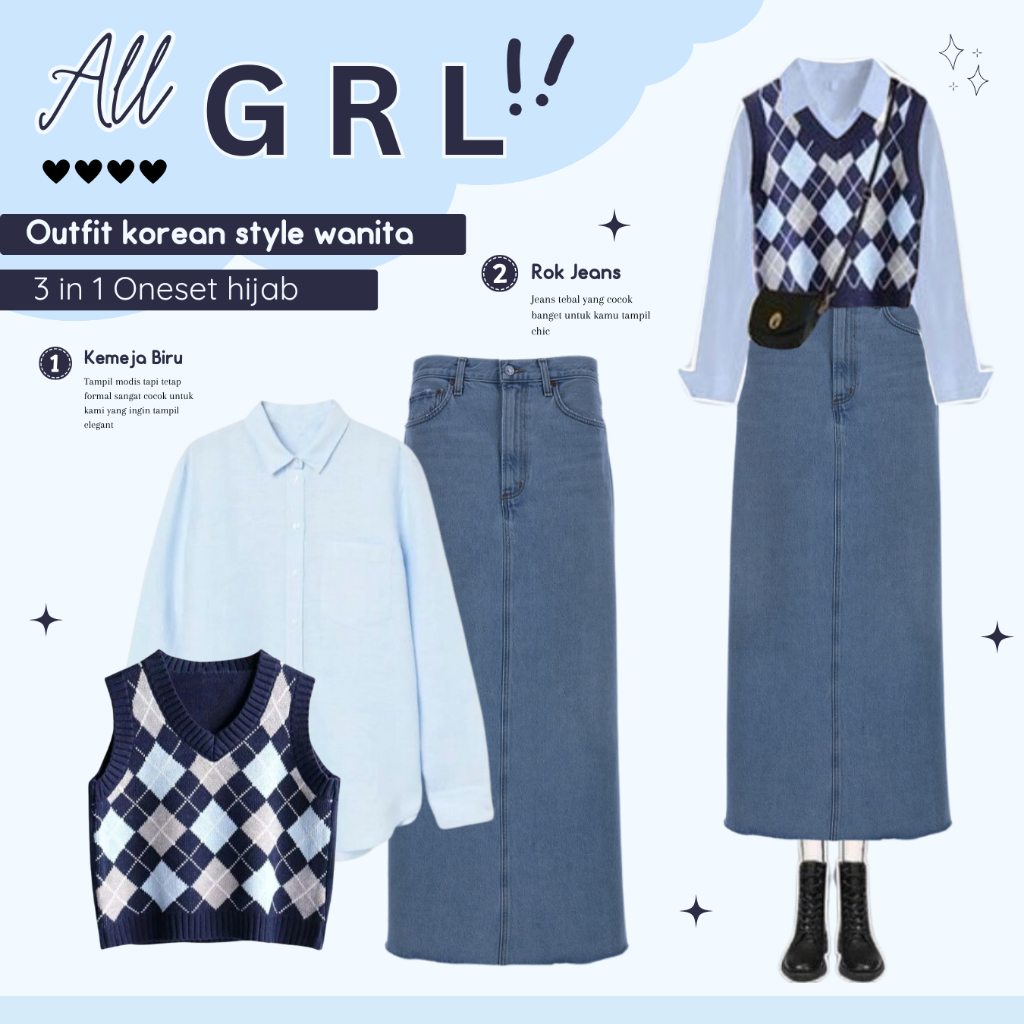 Jual Outfit korean style rok dan vest (Vest rajut, Kemeja, Rok jeans) 1 ...