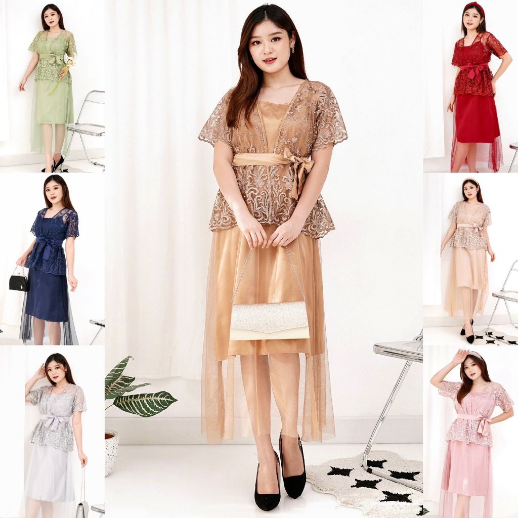 Jual 2in1 Dress Gracia Tile Premium Inner & Outer / Dres Brukat Pesta Tile Bordir / Dress ...