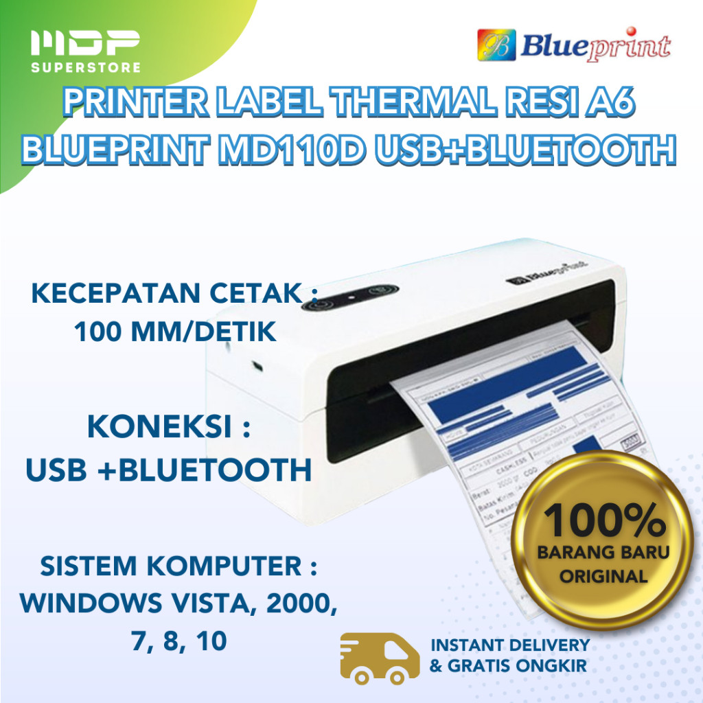 Jual PRINTER LABEL THERMAL RESI A6 BLUEPRINT MD110D USB+BLUETOOTH | Shopee Indonesia