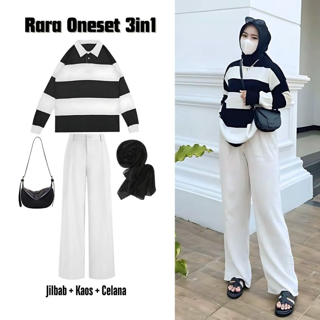 Jual One set 3in1 baju atasa kaos polos vintage garis salur stripe hitam putih celana highwaist ...