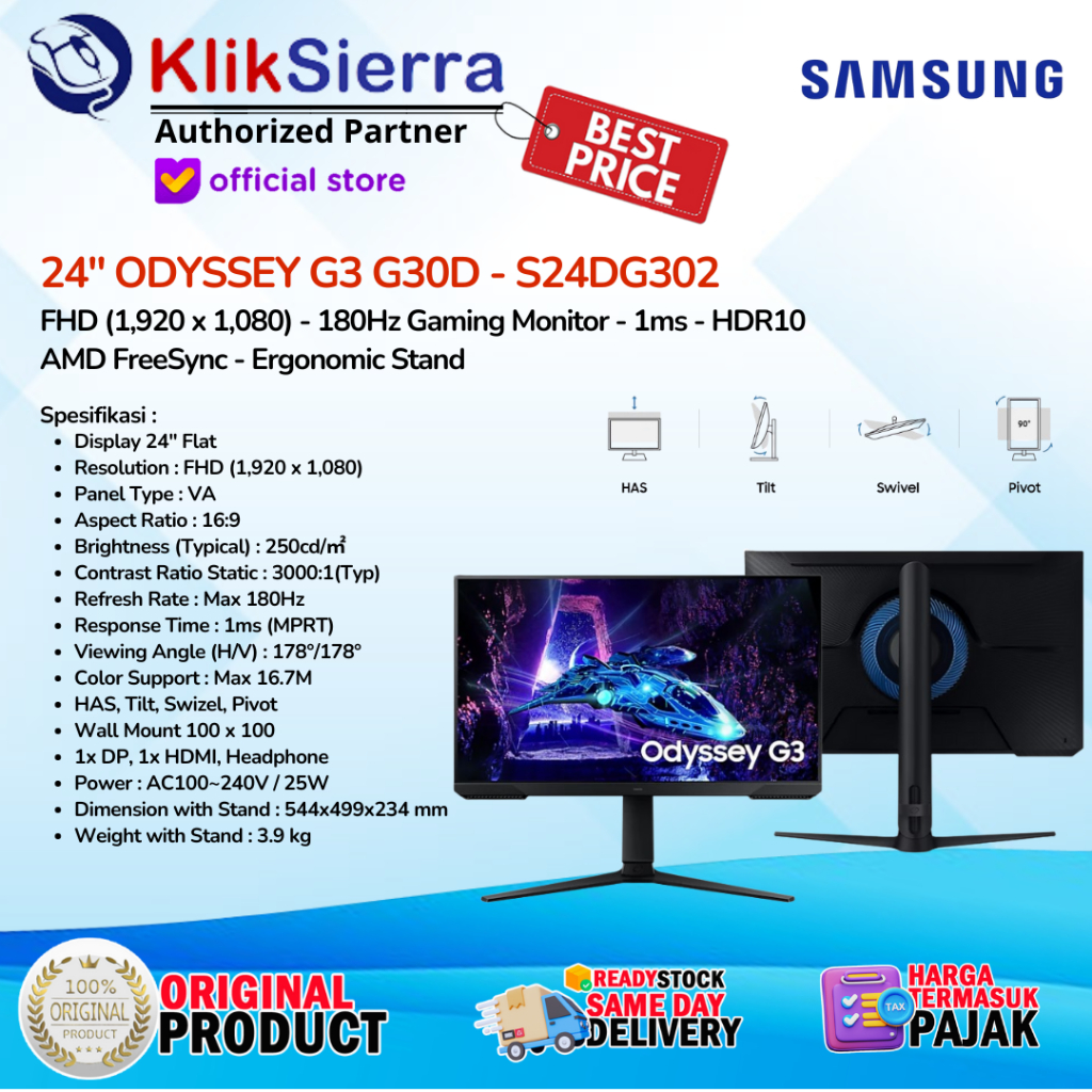 Jual SAMSUNG S24DG302 24" ODYSSEY G3 G30D FHD 180Hz 1ms Gaming Monitor ...