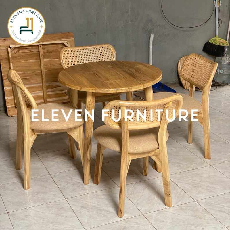 Jual SET MEJA MAKAN BULAT 4 KURSI KACANG ROTAN ALAMI kayu jati cafe resto minimalis retro korean ...