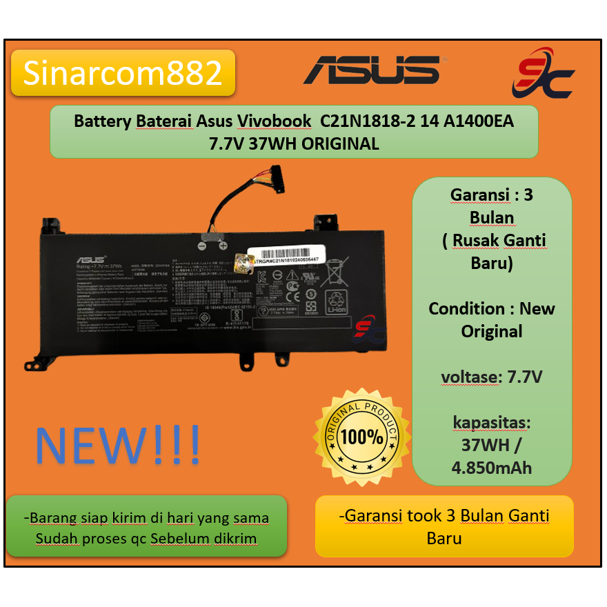 Jual Battery Baterai Asus Vivobook C21N1818-2 14 A1400EA 7.7V 37WH ORIGINAL | Shopee Indonesia