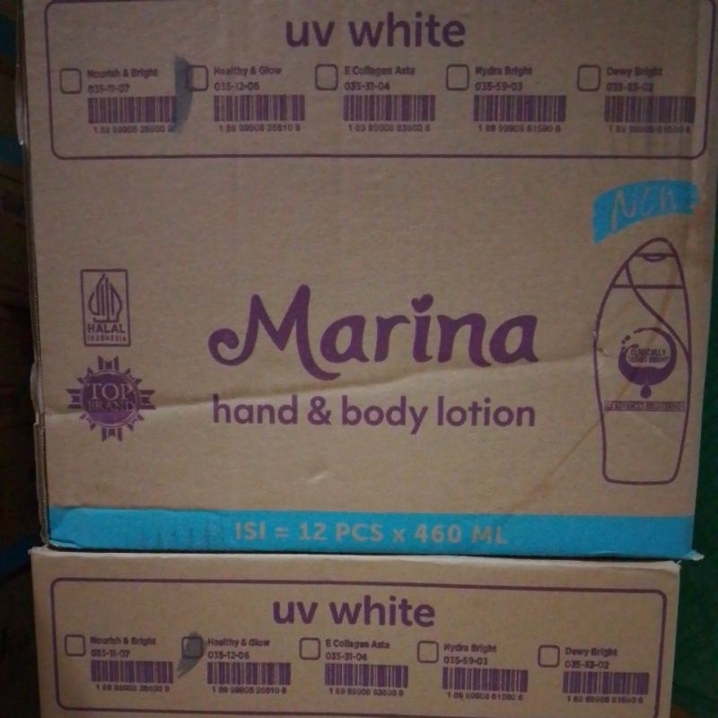 Jual { 1 DUS ISI 12 Botol warna biru } New Marina UV white Hand & Body ...