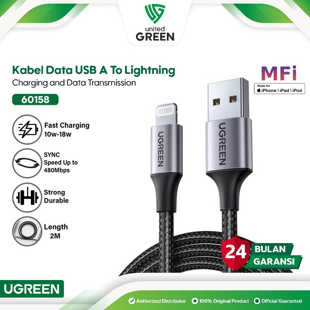 Jual UGREEN Kabel Data iPhone Mfi USB to Lightning Fast Charging 18W Nylon Braided 2 Meter 60158 ...