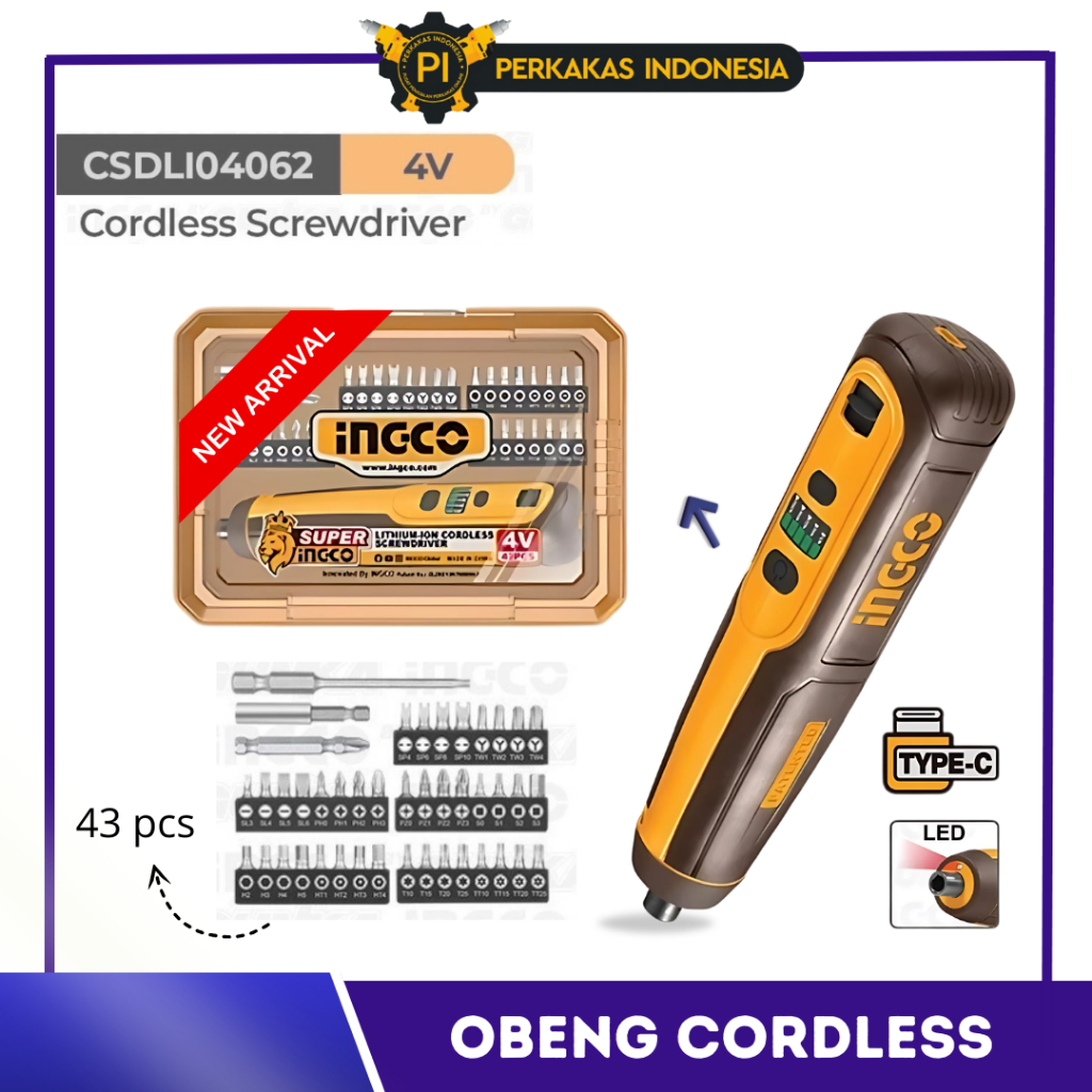 Jual NEW Bor Obeng Cordless Set 43 Pcs Screwdriver INGCO CSDLI0403 4V ...