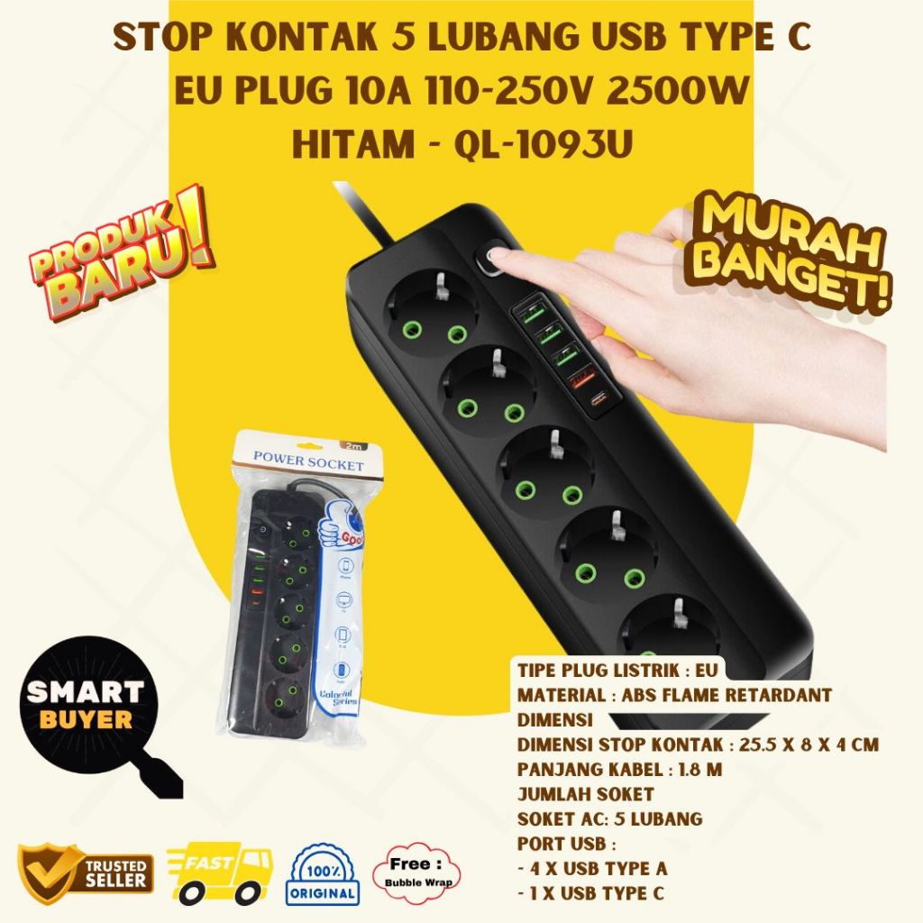 Jual Stop Kontak 5 Lubang USB Type C EU Plug 10A 110-250V 2500W QL-1093U 1.8m Multifungsi ...