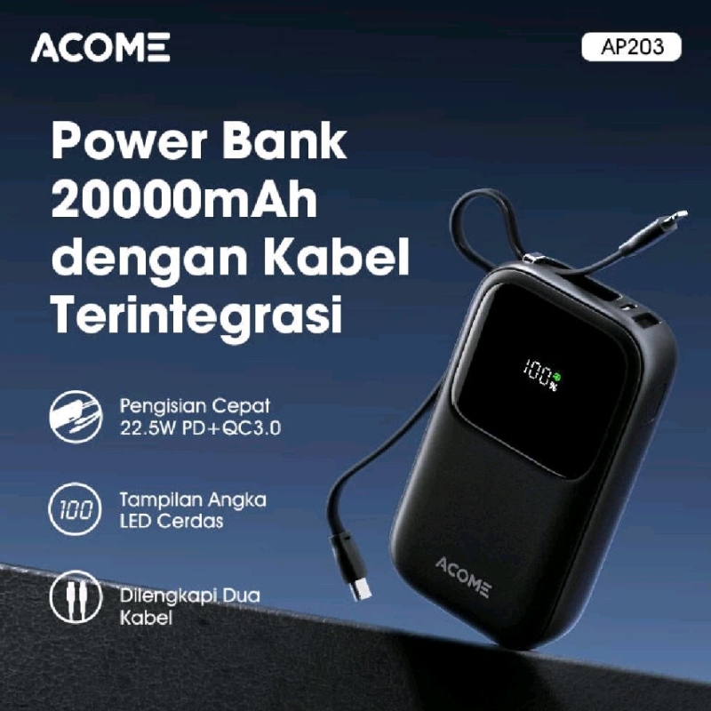 Jual ACOME AP203 20000MAH POWERBANK FAST CHARGING PD QC3.0 LED DISPLAY WITH TYPE C LIGHTNING ...