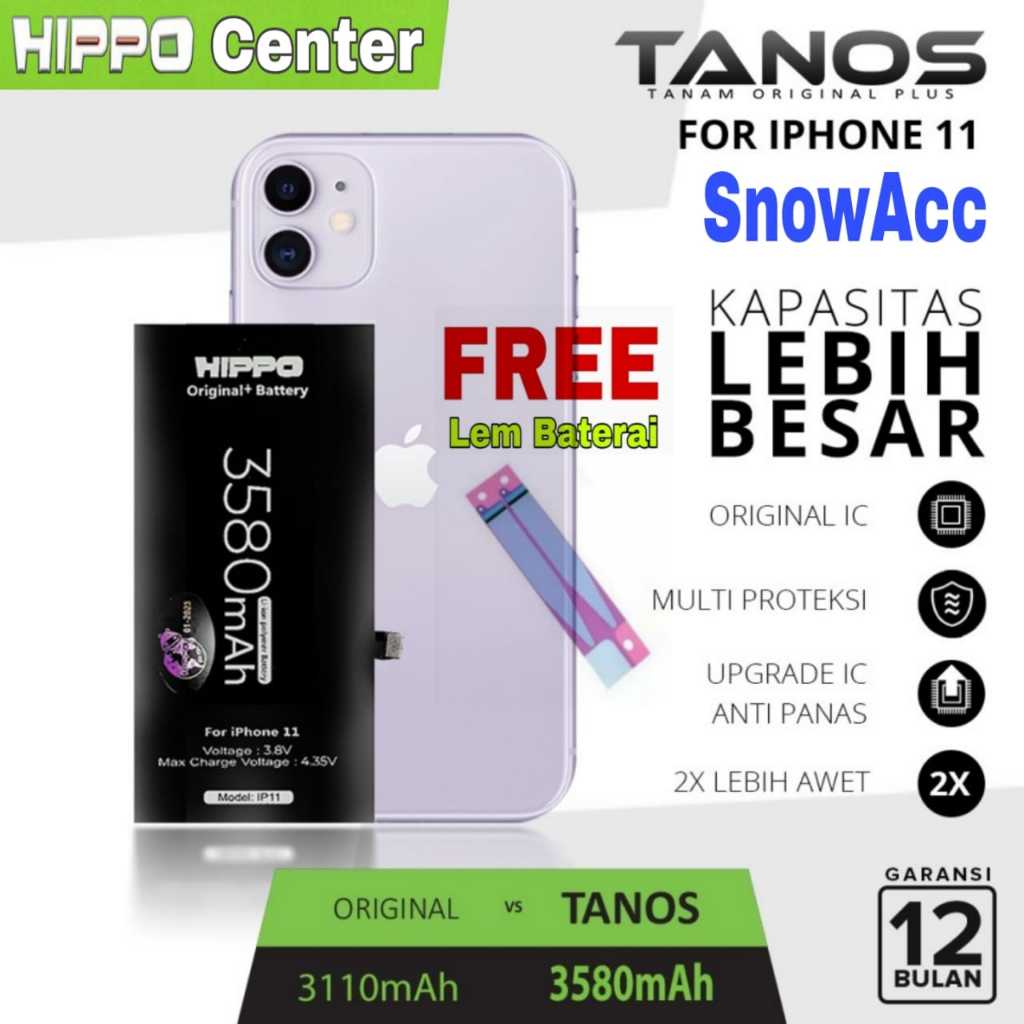 Jual Hippo Baterai iPhone 11 Battery Hippo Tanos iPhone 11 Double Power | Shopee Indonesia