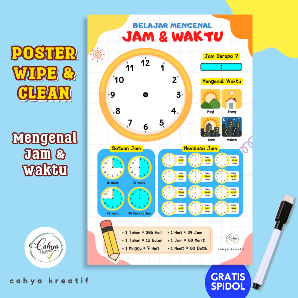 Jual POSTER Mengenal Jam & Waktu | POSTER HIASAN DINDING KELAS TK, SD ...