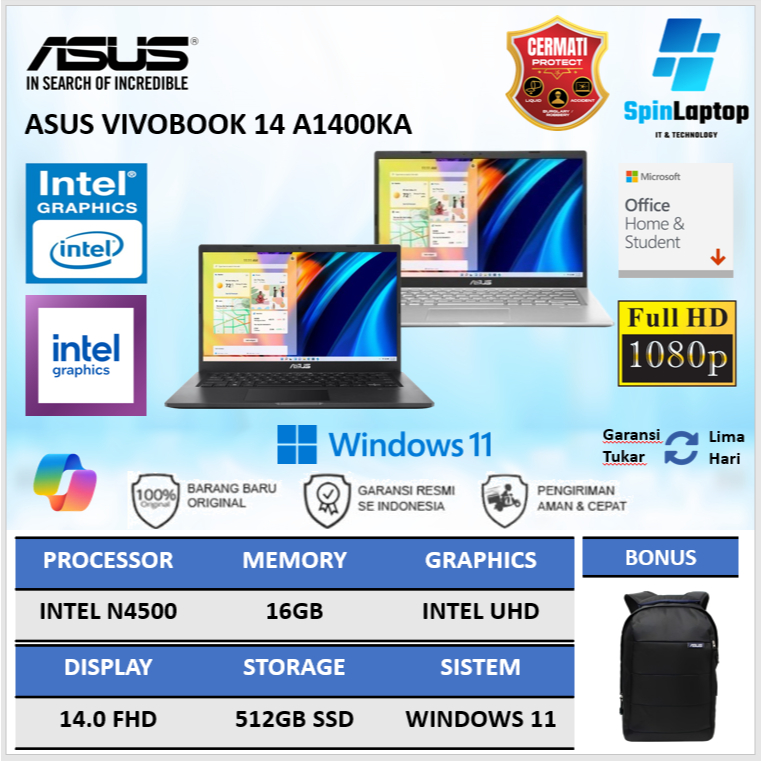 Jual ASUS VIVOBOOK 14 A1400KA INTEL N4500 RAM 16GB SSD 512GB WINDOWS 11 OHS FHD BLIT | Shopee ...